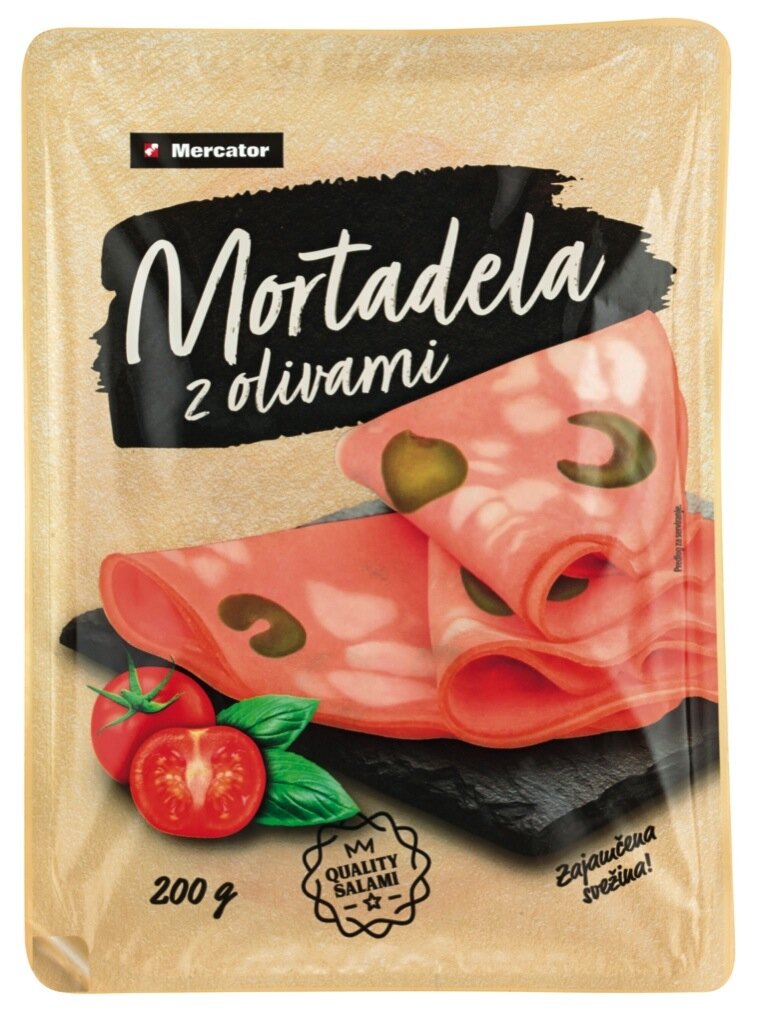 Narezek mortadela z zelenimi olivami, pakirano, Mercator, 200 g
