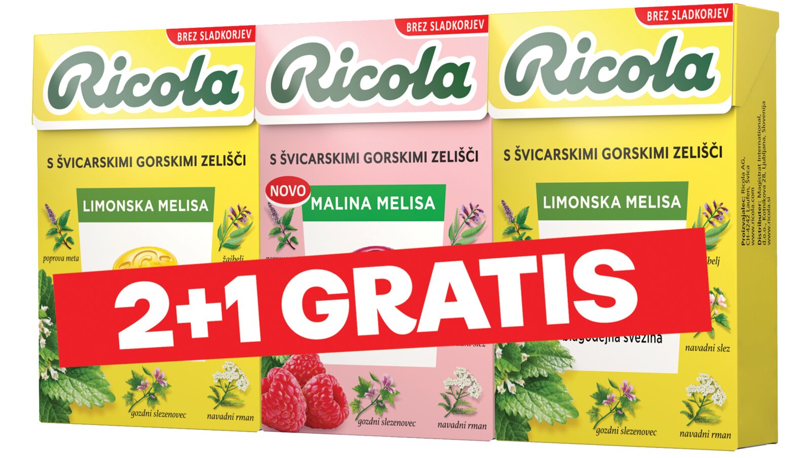 Bonboni, limonska melisa in malina, Ricola 3 x 50 g