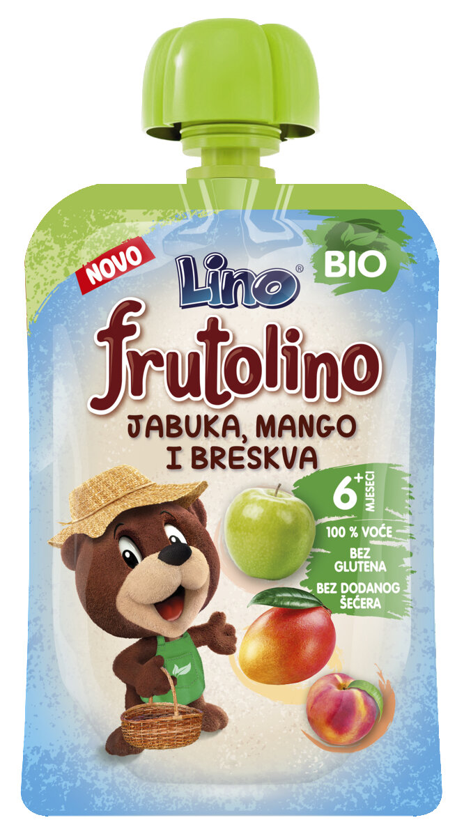 Bio kaša Frutolino, jabolko, mango in breskev, Lino, 100 g