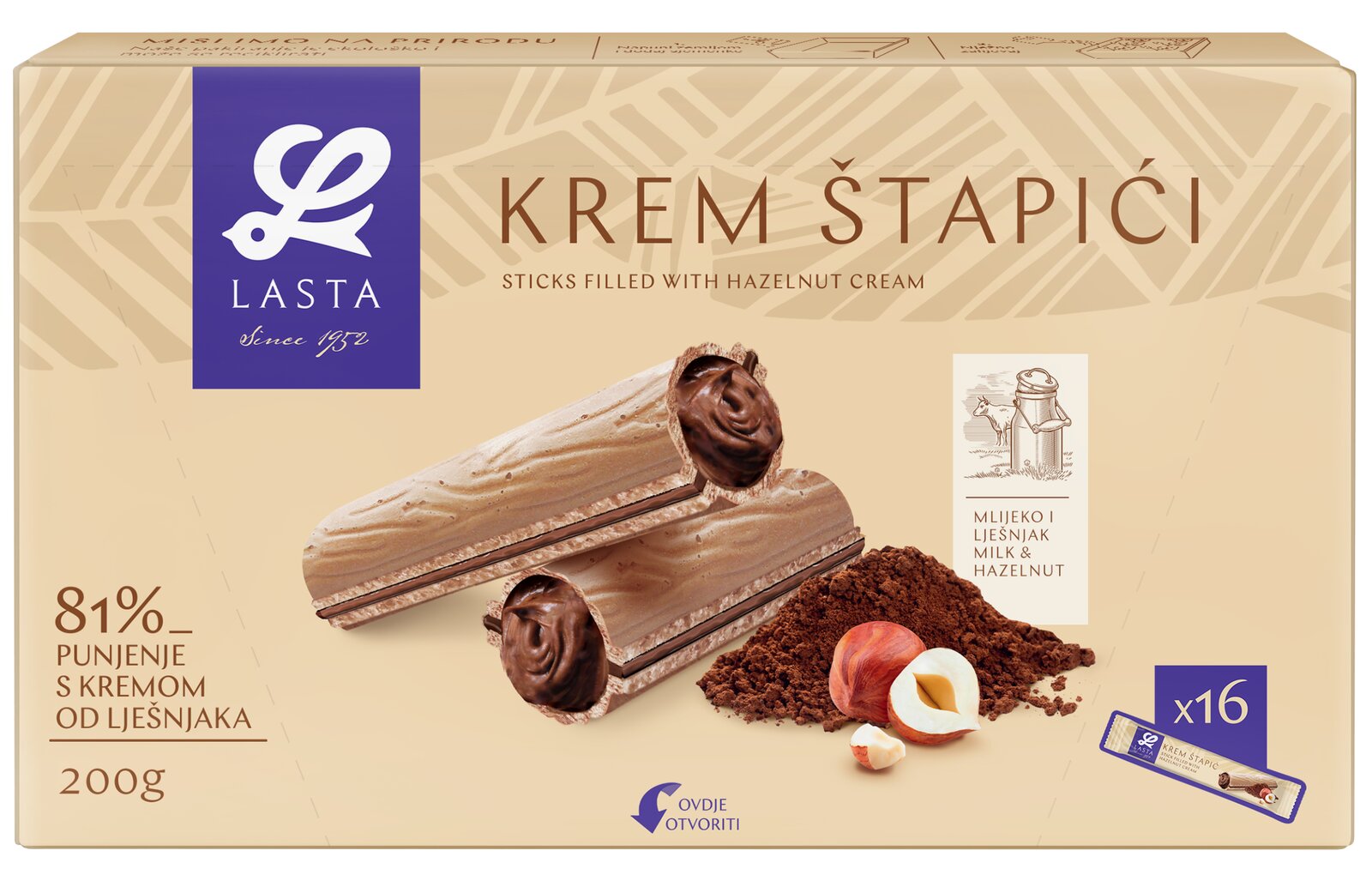 Napolitanke, palčke z lešnikovo kremo, Lasta, 200 g, 16/1