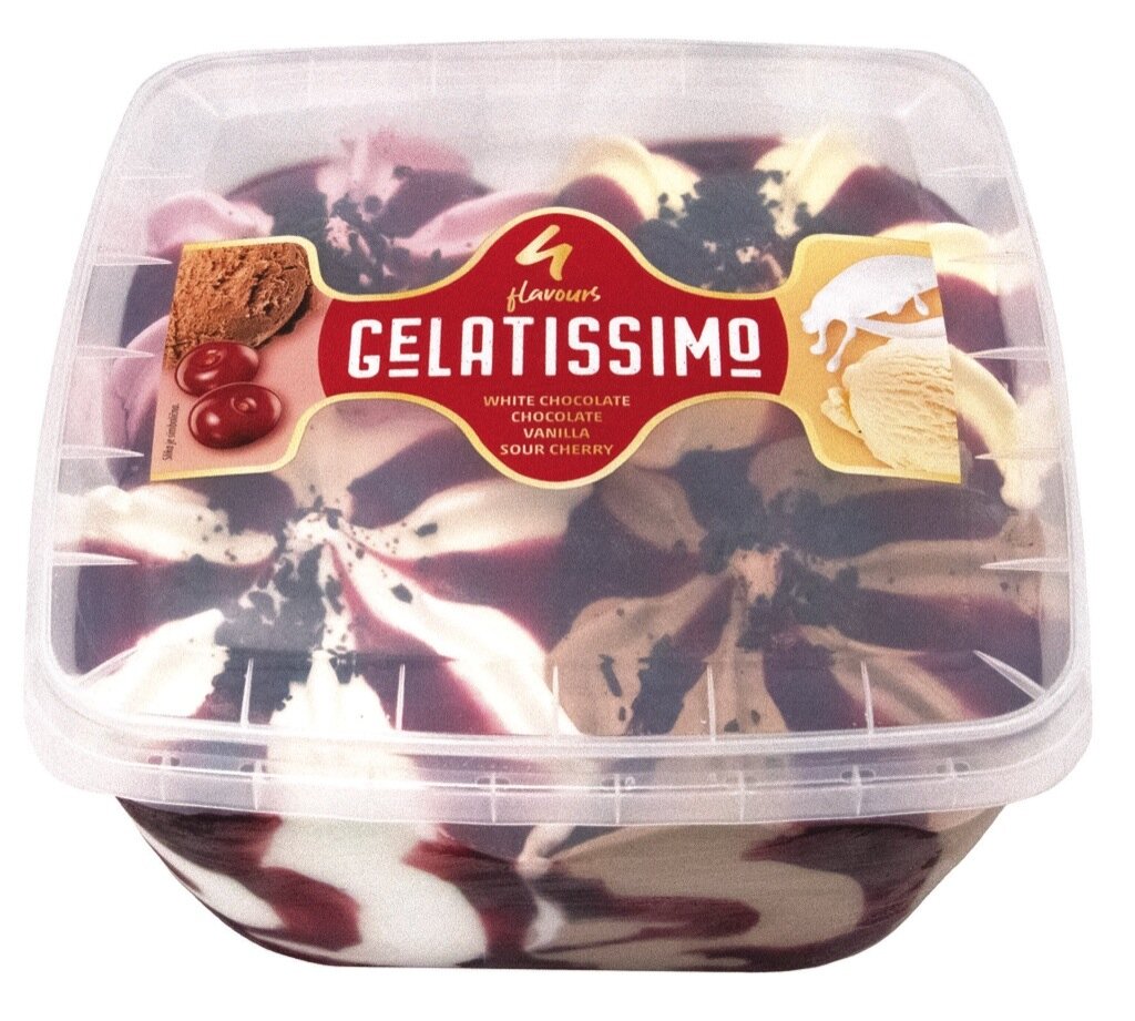 Sladoled, čokolada, bela čokolada, višnja in vanilija, Gelatissimo, 1650 ml